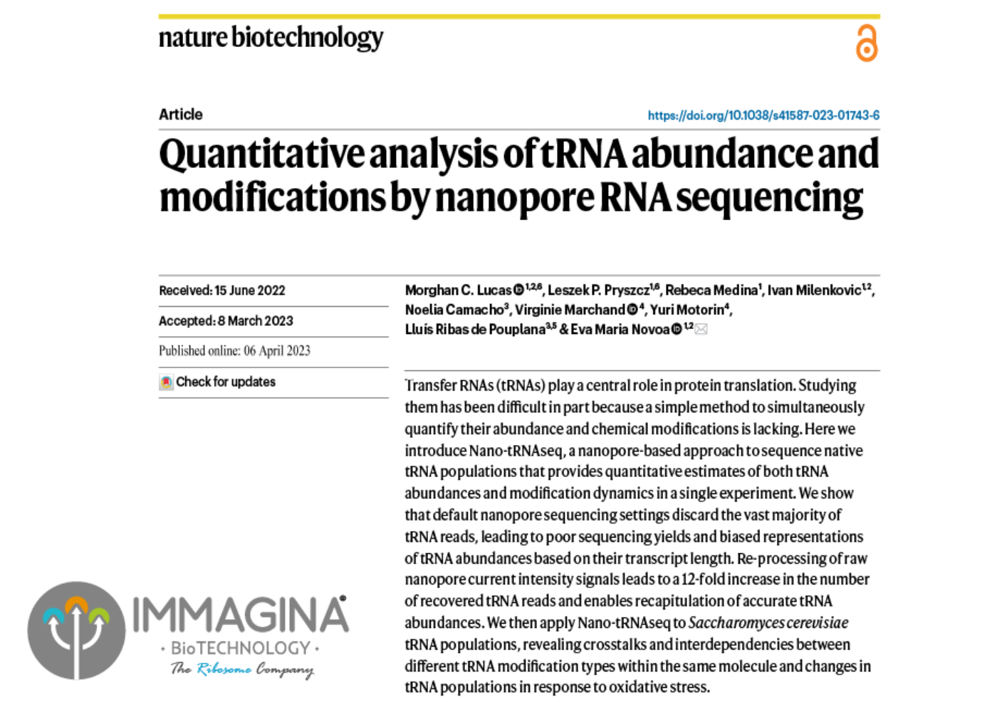 IMMAGINA acquired Direct nano tRNA sequencing technology from Novoa’s lab
